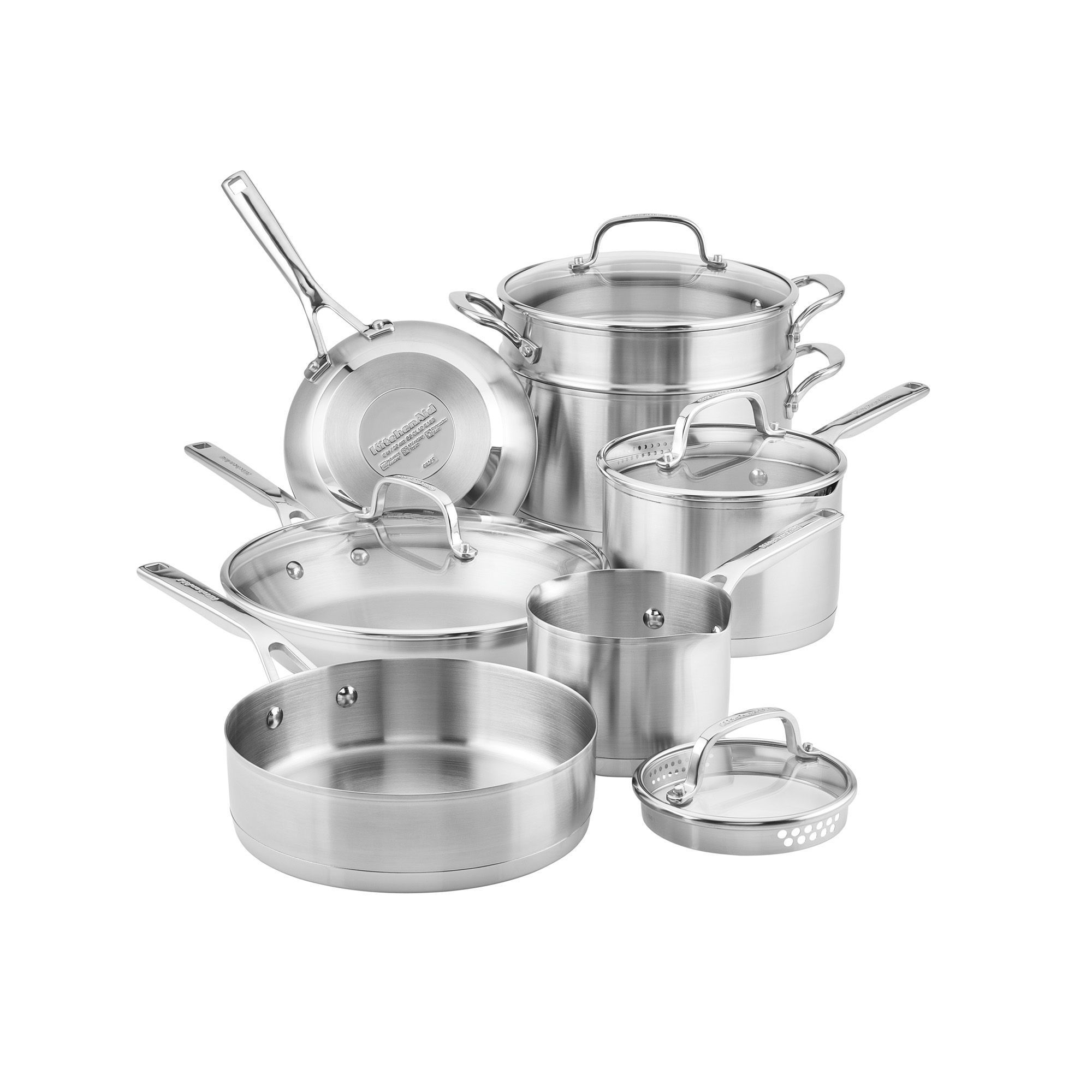 KitchenAid Base 11-Piece 3-Ply Brushed Stainless Steel Cookware Set | Joy